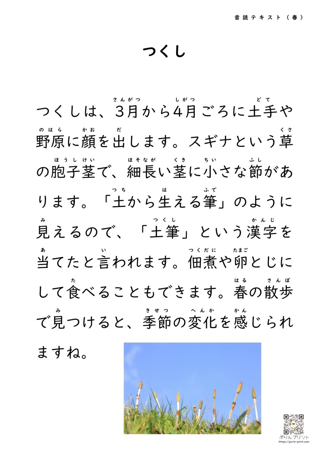 季節の音読リハビリ教材〈春・4月〉大きな文字・ルビ付き【無料】 | ぷりんプリント